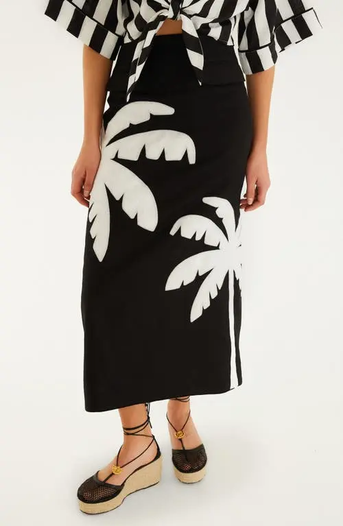Farm Rio Palm Tree Embroidered Linen Maxi Skirt - Black