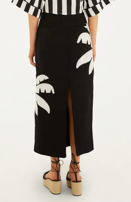 Farm Rio Palm Tree Embroidered Linen Maxi Skirt - Black