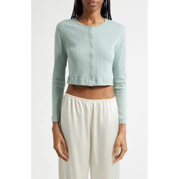 LESET Cotton Pointelle Crop Cardigan - Eucalyptus