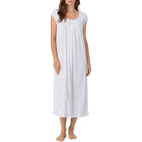 Eileen West Cap-sleeve Cotton Nightgown - White/blue