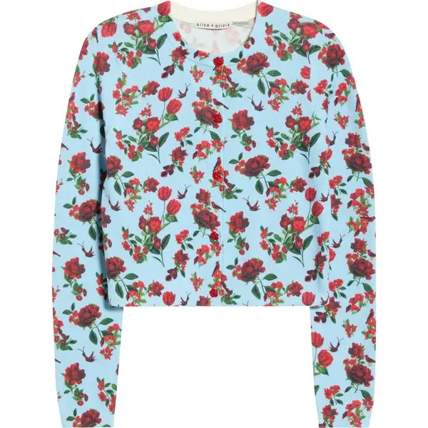 Alice + Olivia Carson Floral Print Cardigan - American Beauty Carolina Blue