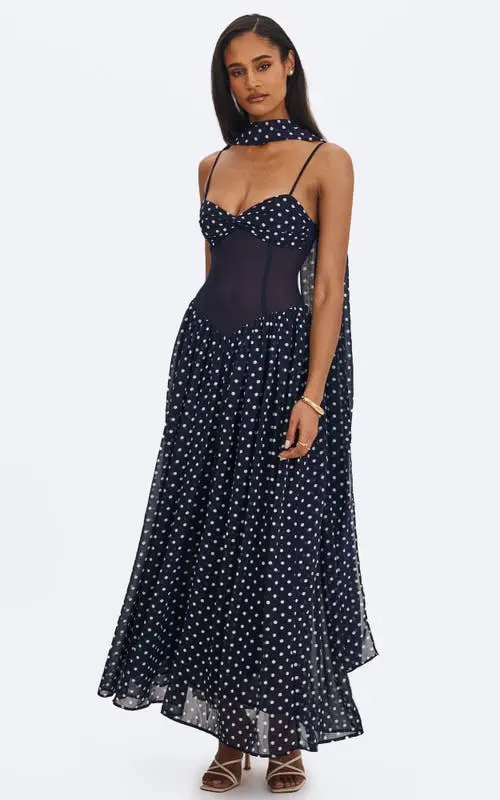 MISS CIRCLE Juliette Polka Dot Chiffon Maxi Dress - Navy Blue