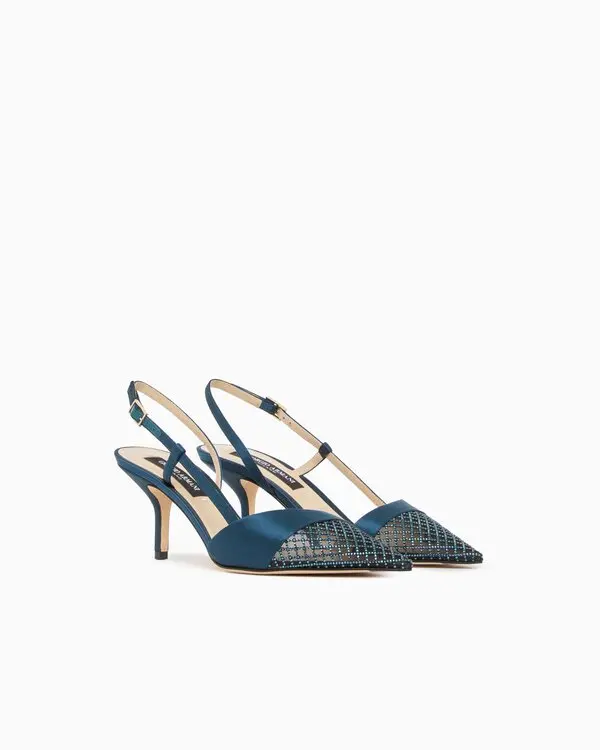 Giorgio Armani Satin And Mesh Court Shoes With Rhinestones - Blue