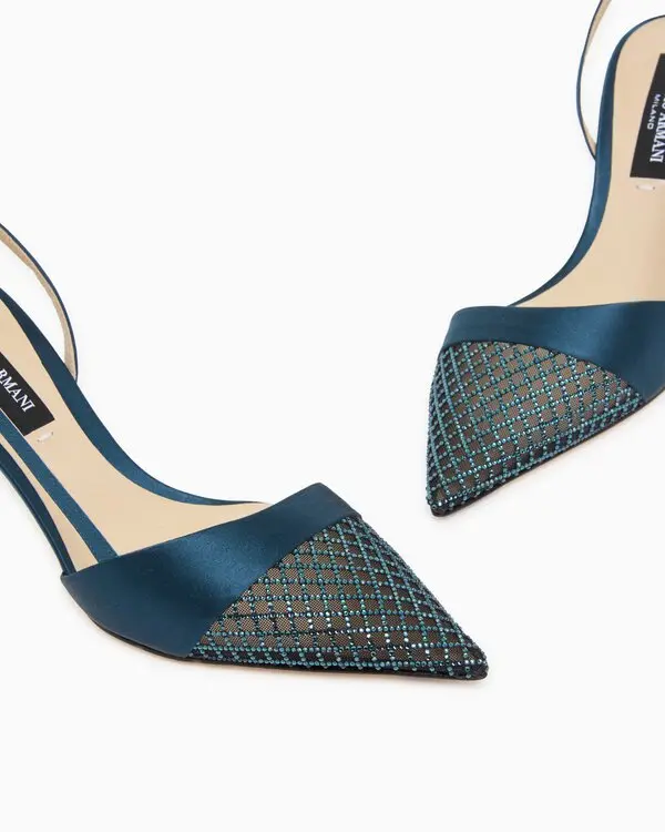 Giorgio Armani Satin And Mesh Court Shoes With Rhinestones - Blue