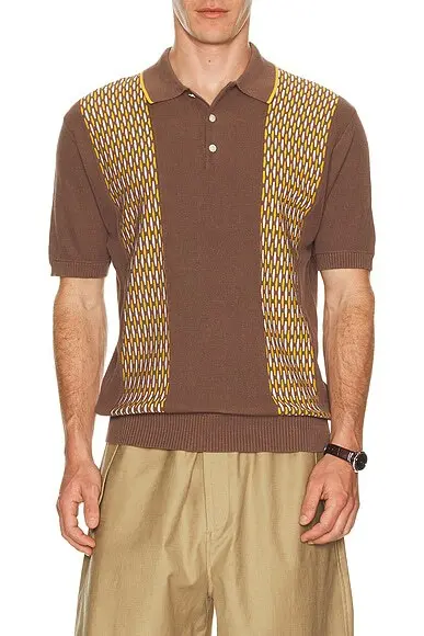 BEAMS Knit Polo Front Stripe Jacquard - Brown