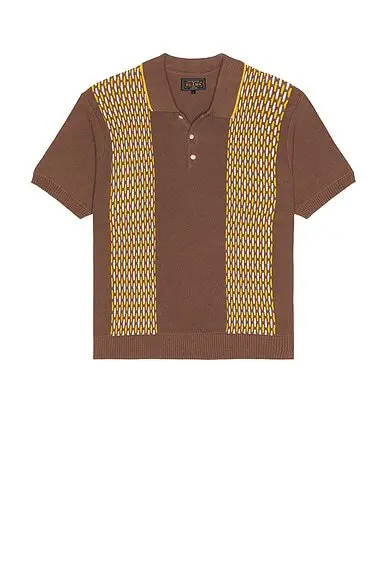 BEAMS Knit Polo Front Stripe Jacquard - Brown