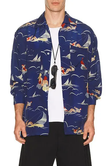 BEAMS Open Collar Cupro Print - Blue