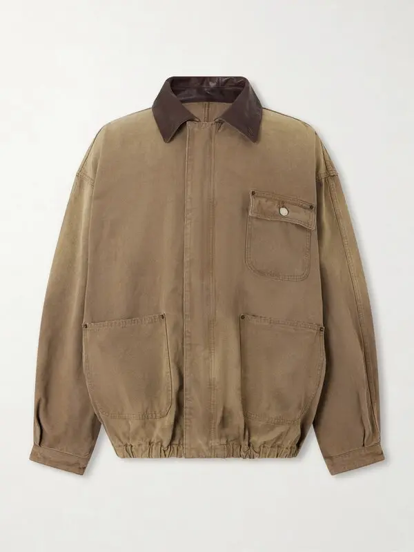 SSSTEIN Leather-trimmed Garment-dyed Cotton-canvas Jacket