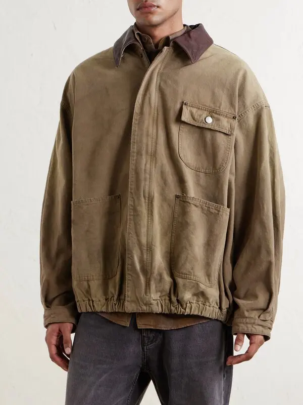 SSSTEIN Leather-trimmed Garment-dyed Cotton-canvas Jacket