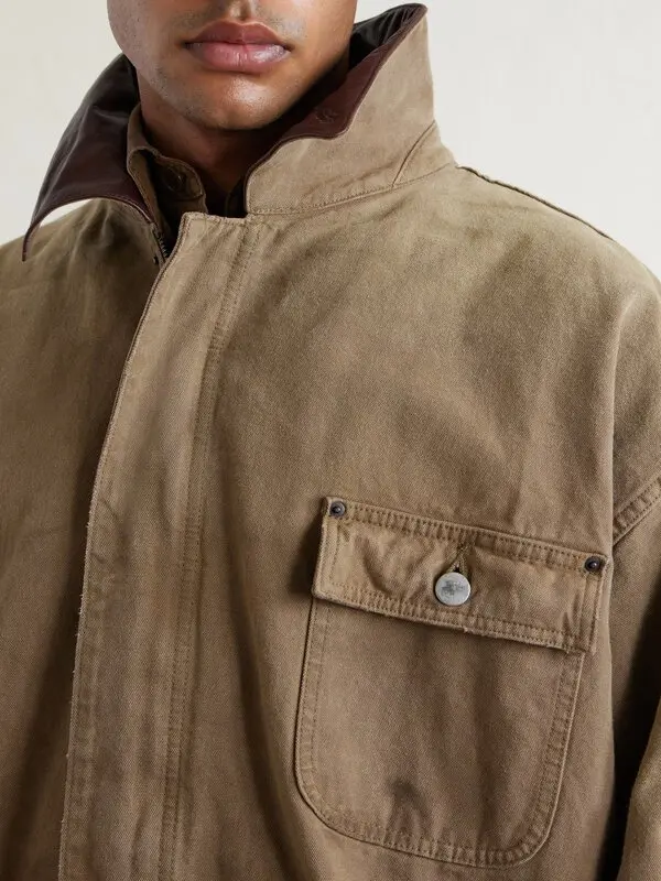 SSSTEIN Leather-trimmed Garment-dyed Cotton-canvas Jacket