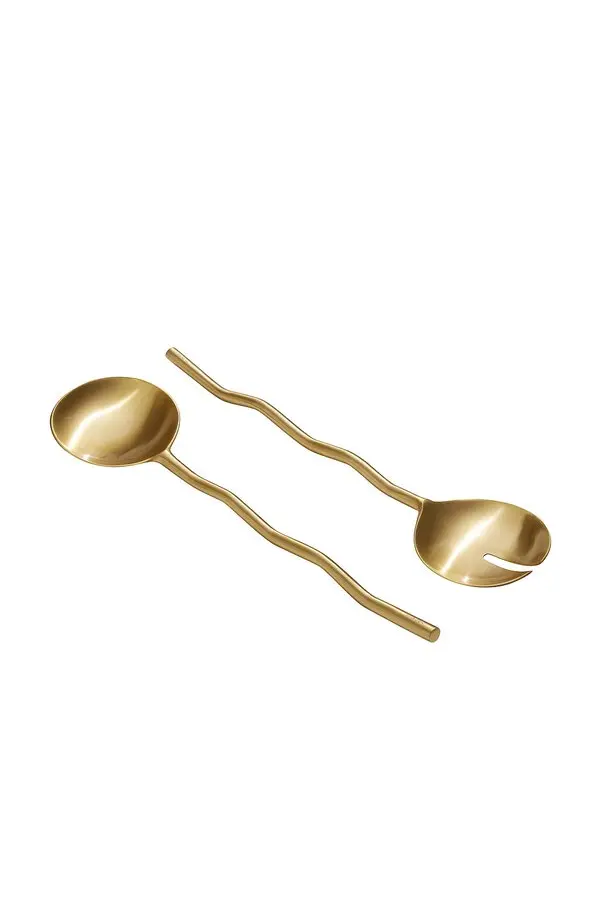 FAZEEK Wave Salad Servers Set Of 2 In Metallic Gold - Matte Brass