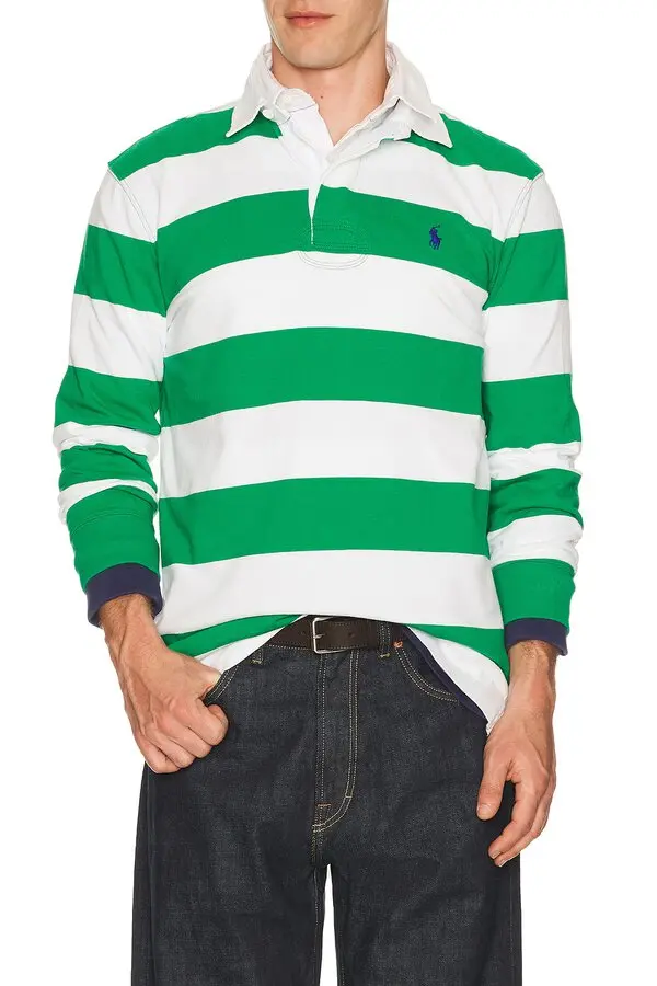 Polo Ralph Lauren Long Sleeve Iconic Stripe Rugby Polo In ,white - Green