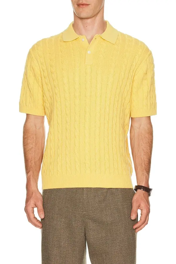 BEAMS Knit Polo Cable In Green - Yellow