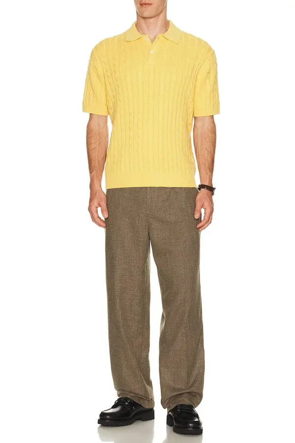 BEAMS Knit Polo Cable In Green - Yellow