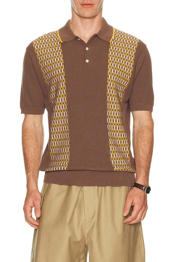BEAMS Knit Polo Front Stripe Jacquard - Brown