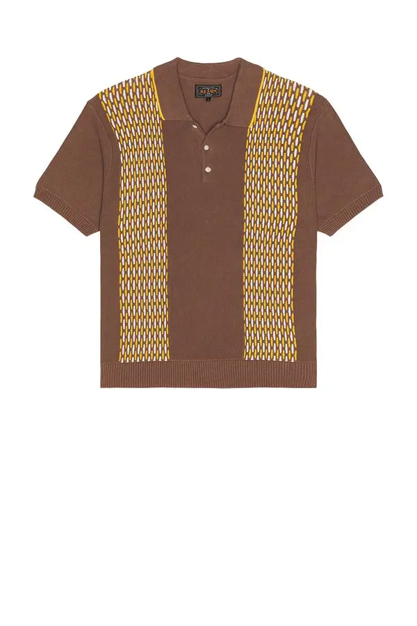 BEAMS Knit Polo Front Stripe Jacquard - Brown