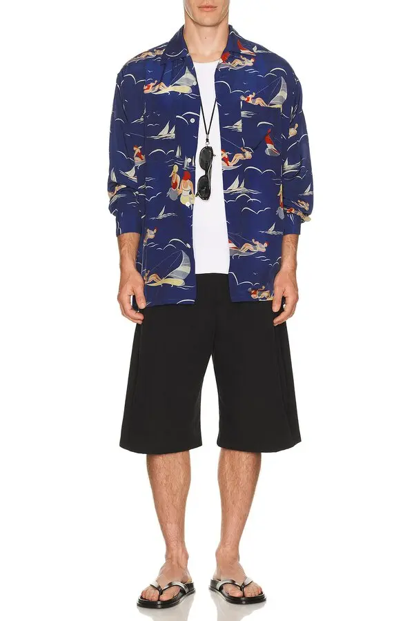 BEAMS Open Collar Cupro Print - Blue