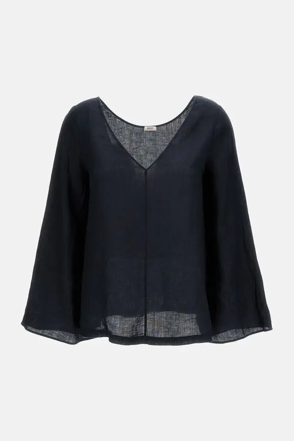 BIFFI V-neck Linen Top - Blue