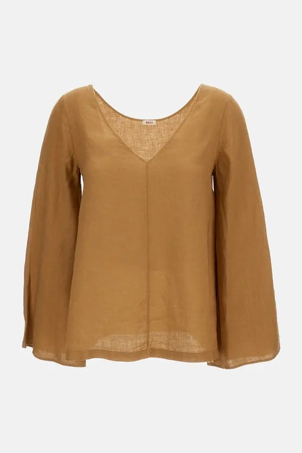 BIFFI Long-sleeve V-neck Linen Top - Brown