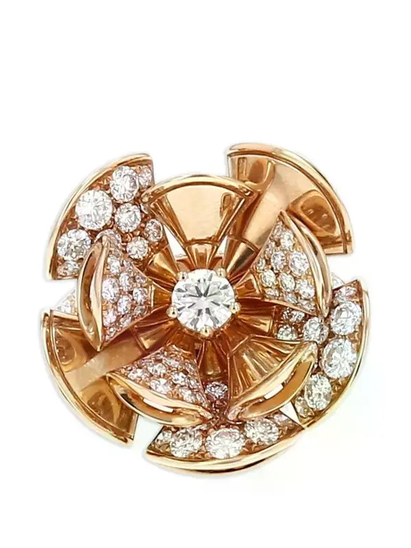 BVLGARI 18k Yellow Gold Diamond Flower Ring - Pink