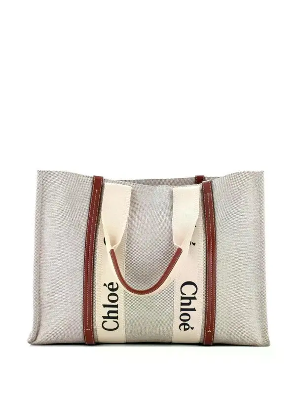 Chloé Woody Canvas With Leather Large Tote Bag - Brown