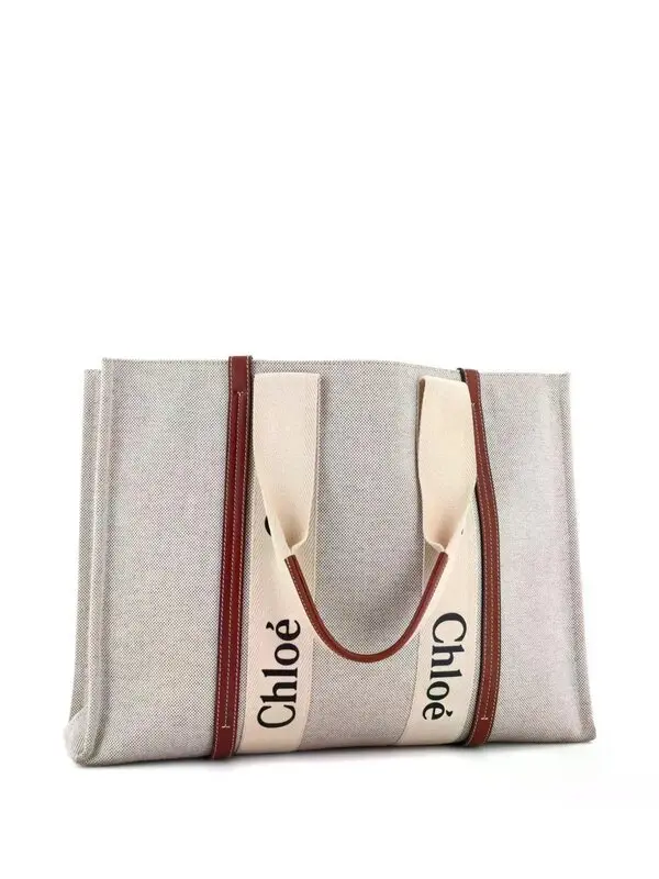 Chloé Woody Canvas With Leather Large Tote Bag - Brown