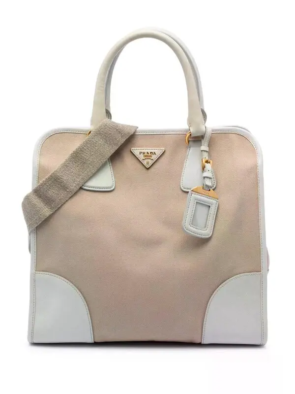 Prada Saffiano Trimmed Canvas Canapa Satchel - Brown