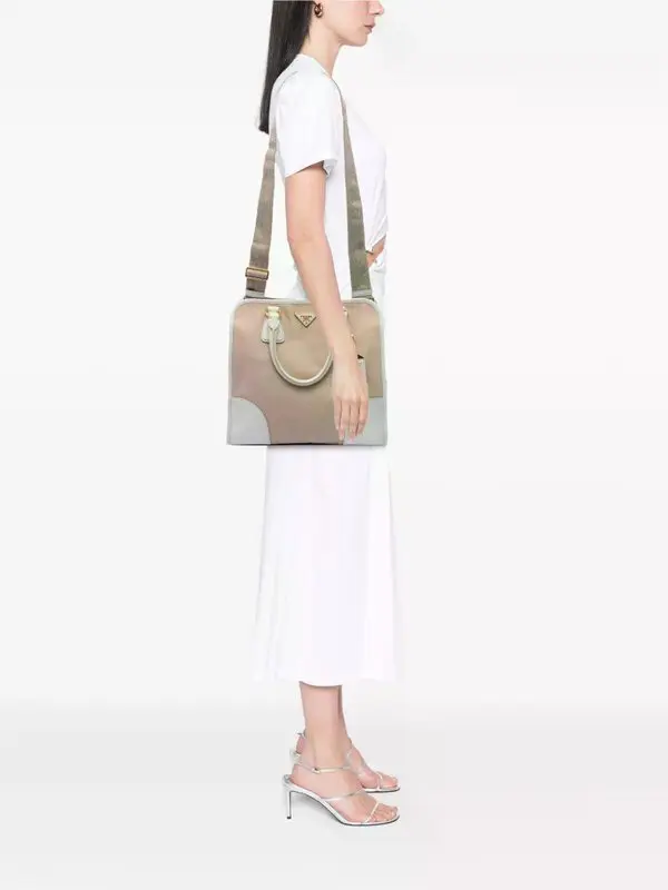 Prada Saffiano Trimmed Canvas Canapa Satchel - Brown
