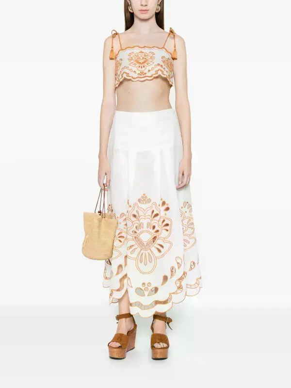 Farm Rio Floral-embroidered Midi Skirt - White