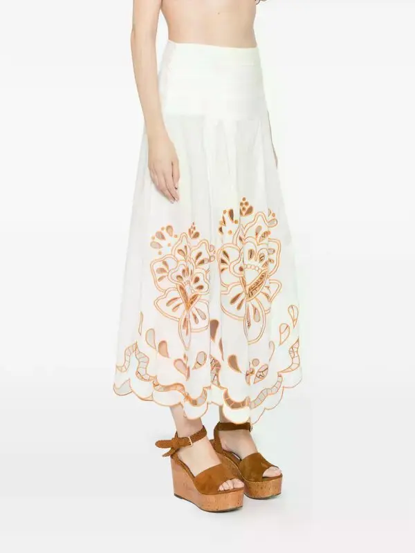 Farm Rio Floral-embroidered Midi Skirt - White