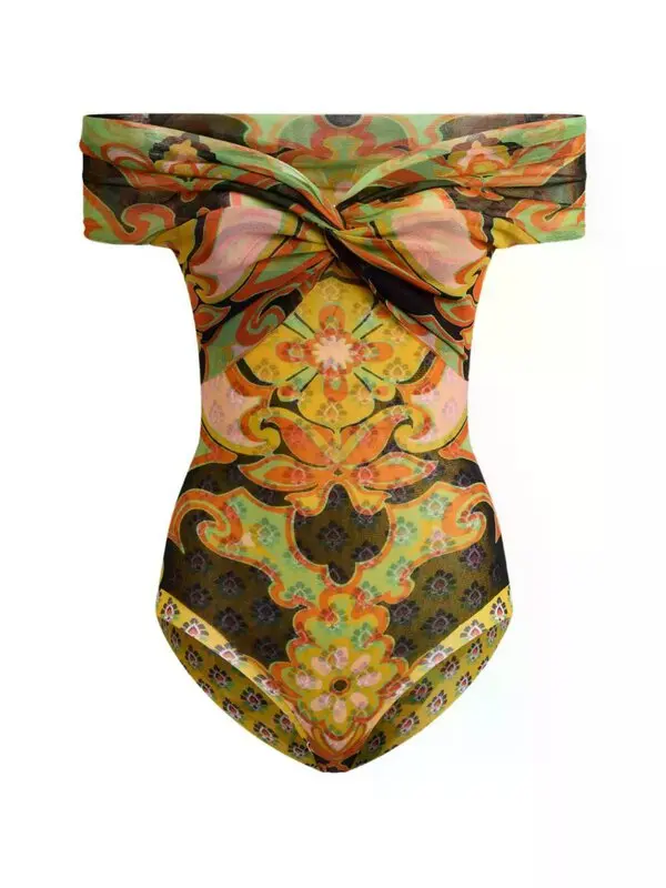 Etro Tulle Bodysuit With Open Shoulders And Floral Print - Green