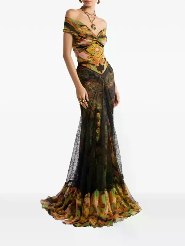 Etro Tulle Bodysuit With Open Shoulders And Floral Print - Green