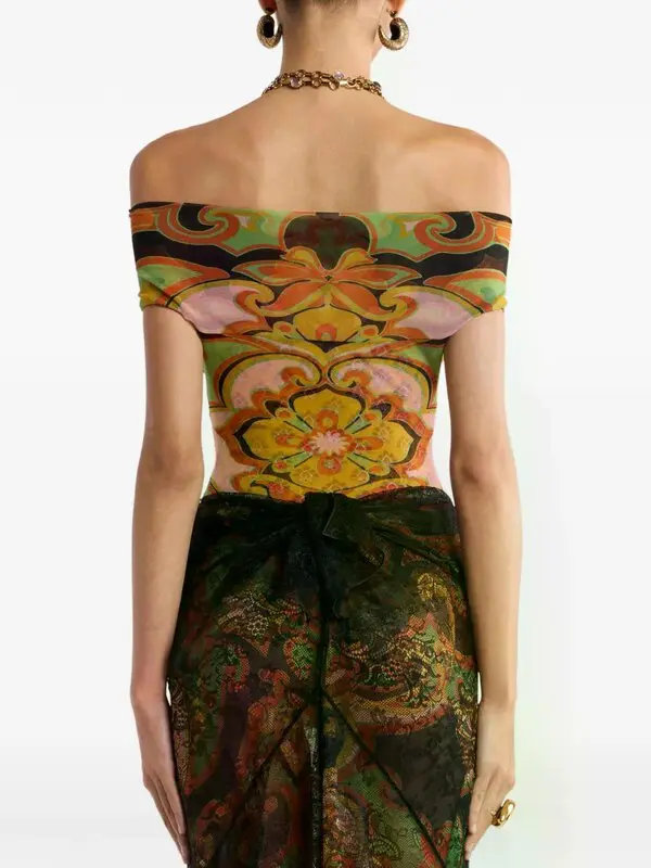 Etro Tulle Bodysuit With Open Shoulders And Floral Print - Green
