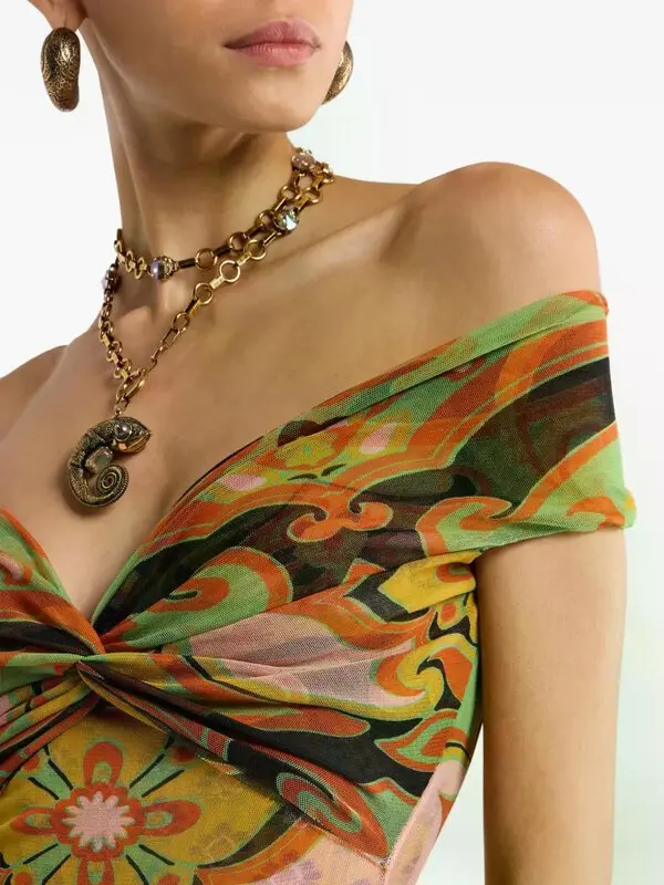 Etro Tulle Bodysuit With Open Shoulders And Floral Print - Green