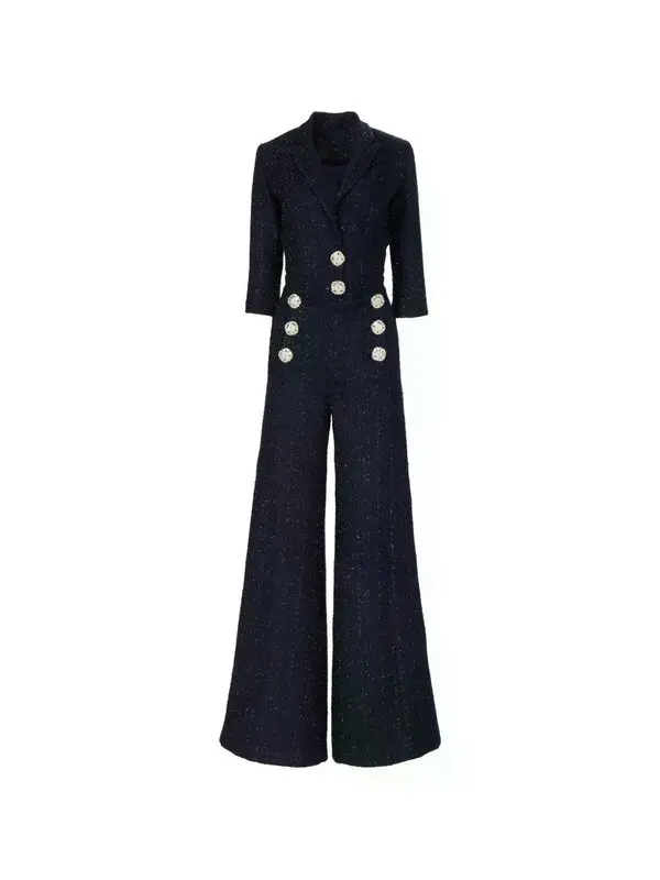 Costarellos Emilia Tweed Jumpsuit With Crystal Buttons - Blue
