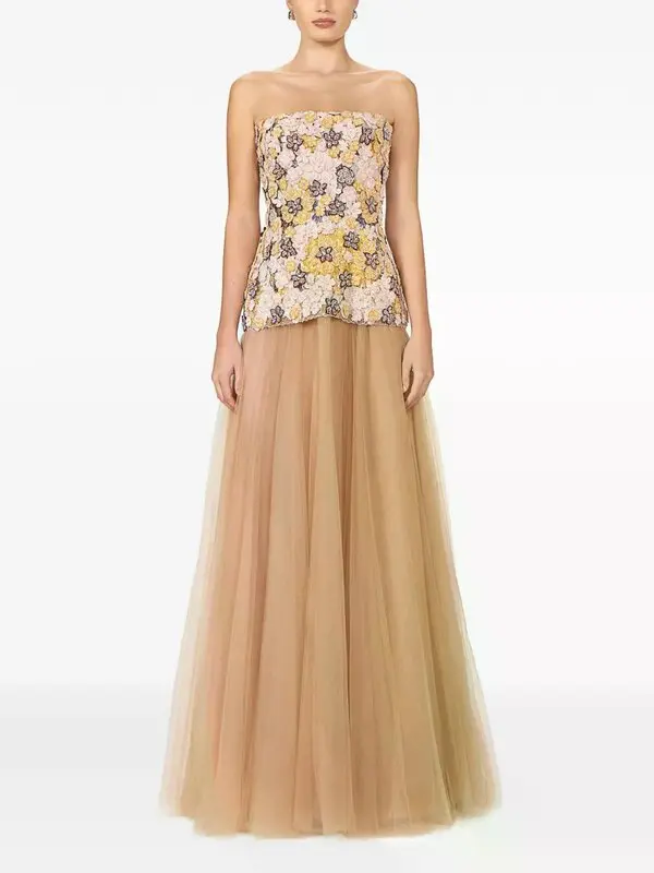 Costarellos Floral-embroidered Strapless Maxi Dress - Neutrals