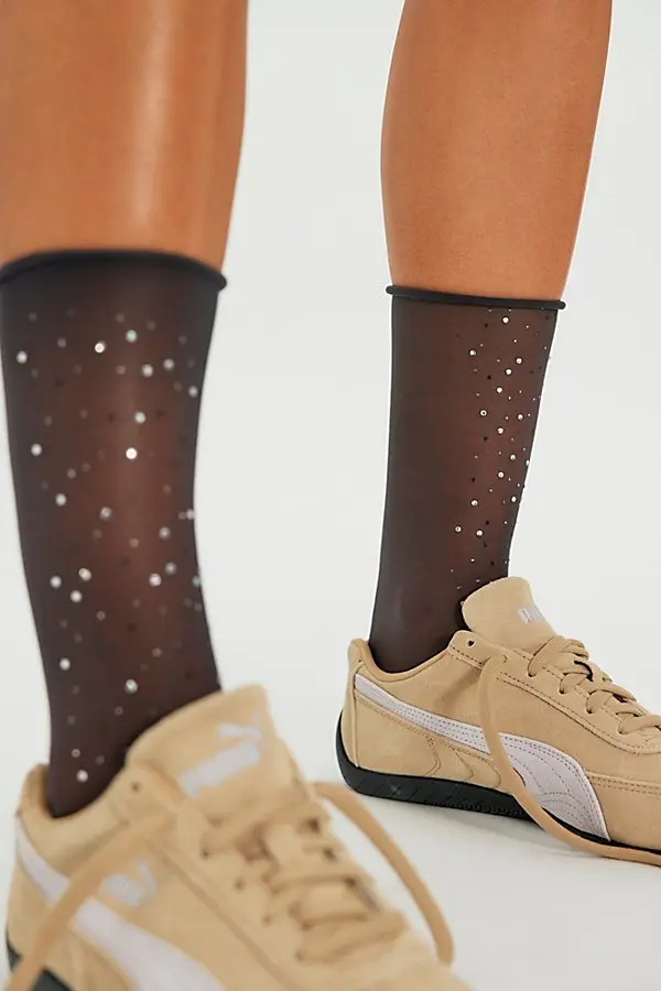 Free People Sheer Crew Socks With Rhinestone Detailing - Black