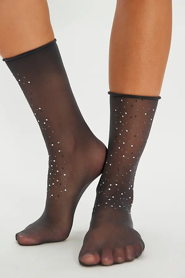 Free People Sheer Crew Socks With Rhinestone Detailing