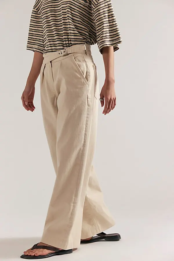 Free People Wide-leg Trousers With Buckle Detail - Neutral