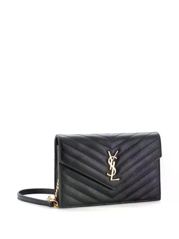 Saint Laurent Classic Monogram Wallet On Chain Matelasse Chevron Leather Small Crossbody Bag - Black