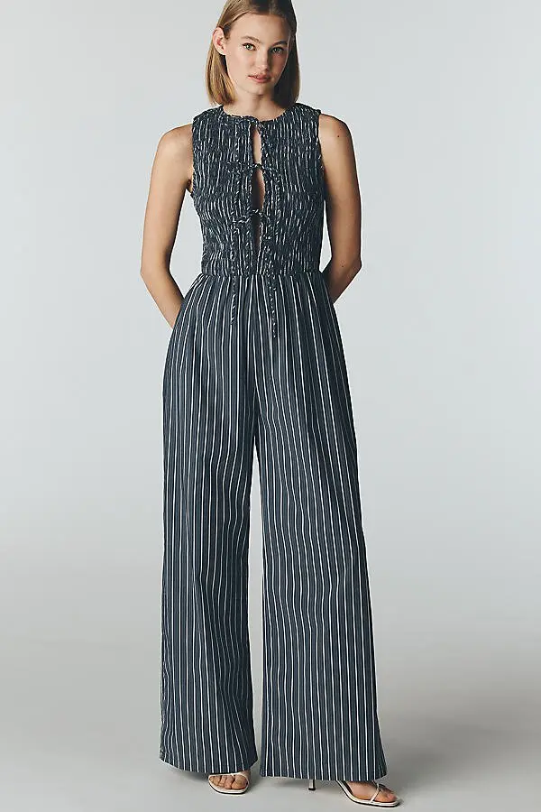 Glamorous Smocked Sleeveless Wide-leg Jumpsuit - Navt Stripe