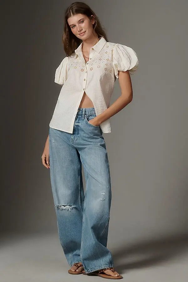 PILCRO Eyelet Puff-sleeve Blouse - Ivory