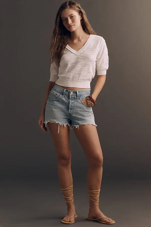 PILCRO Three-quarter Sleeve V-neck Sweater