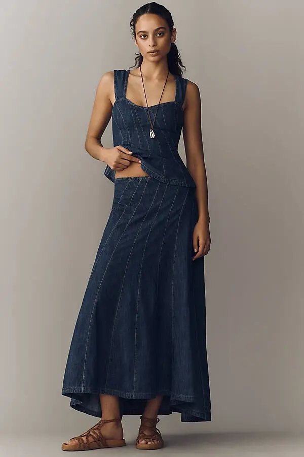 Anthropologie Swirled Denim Maxi Skirt