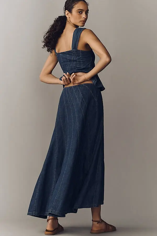Anthropologie Swirled Denim Maxi Skirt