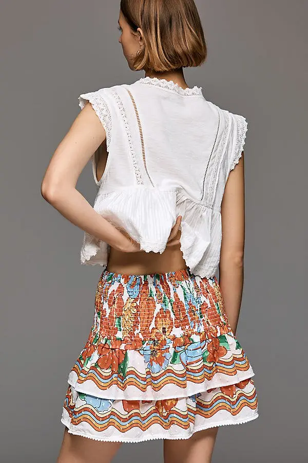 Farm Rio Cotton Smocked Floral Mini Skirt