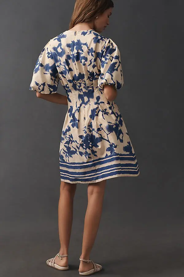 EXQUISE Tobie Puff-sleeve Mini Dress - Bone/blue Print