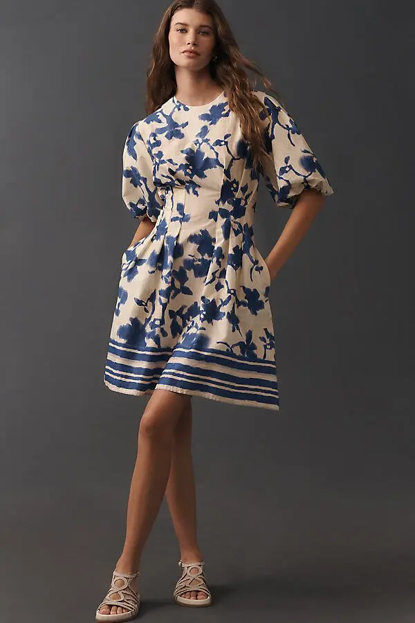 EXQUISE Tobie Puff-sleeve Mini Dress - Bone/blue Print