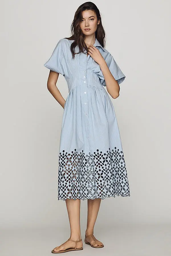 EXQUISE Tobie Eyelet Shirt Dress - Blue & White Stripe