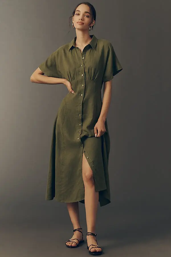 EXQUISE Raina Linen Short-sleeve Midi Dress - Green